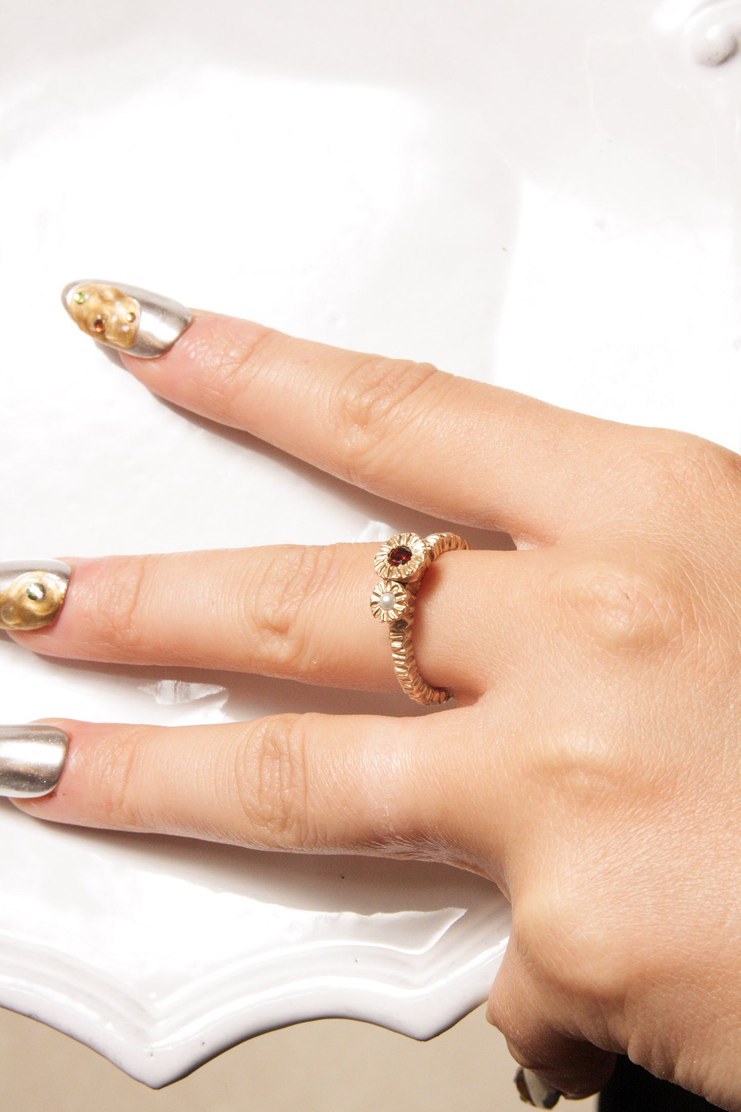Gold Double Teeth Ring with Garnet and Pearl – Dilettante